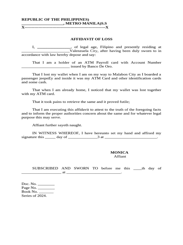 Affidavit of Loss for ATM Card | PDF