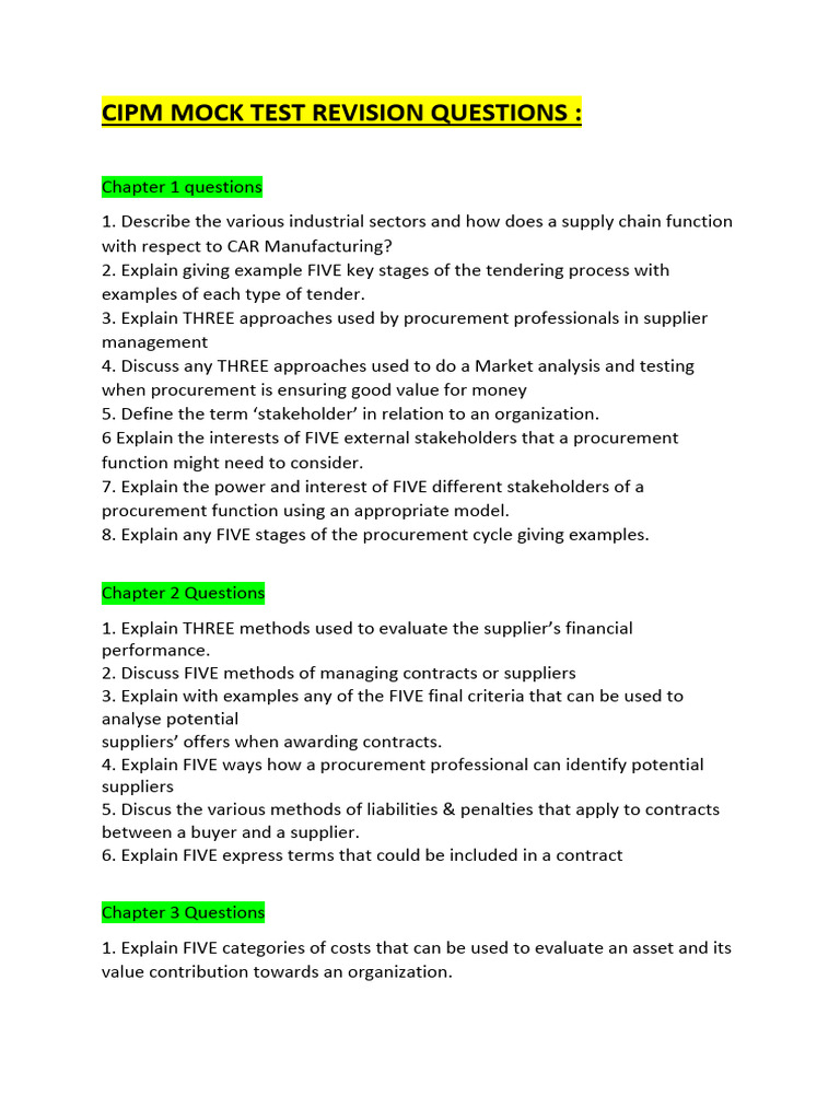 Cipm Mock Test Revision Questions | PDF | Procurement | Supply Chain