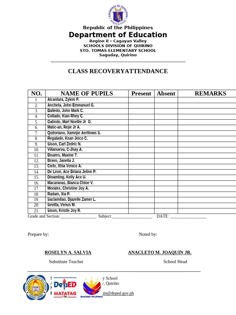 Sto. Tomas Elementary Class Attendance Report | PDF
