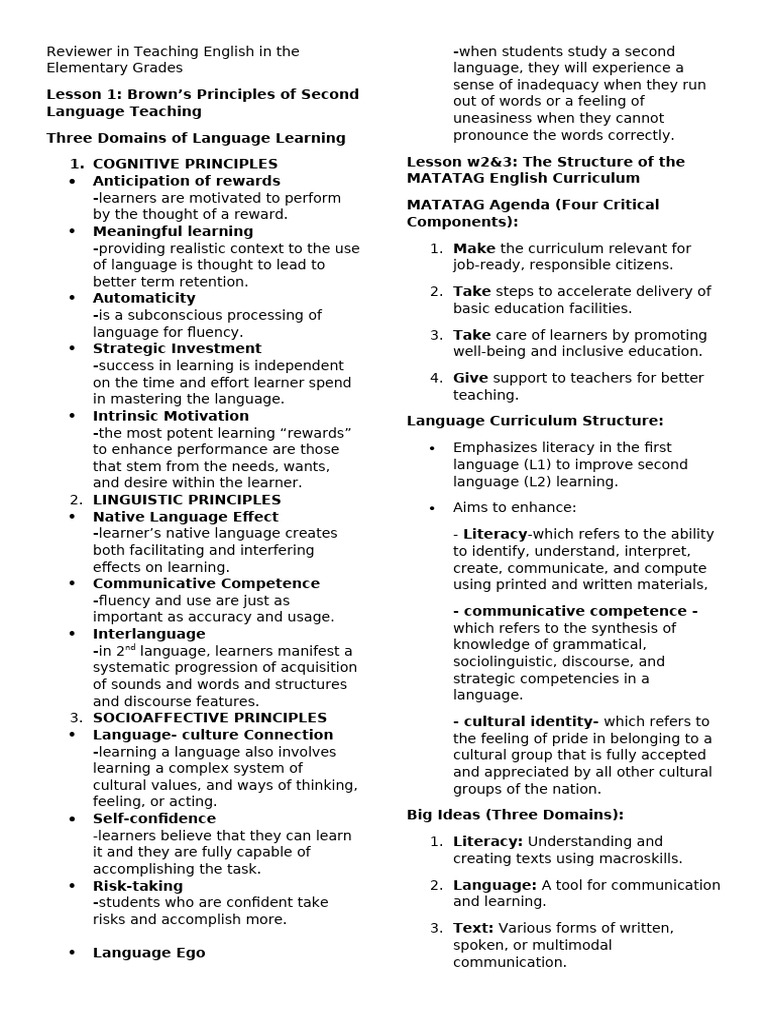 Reviewer in Teaching English in The Elementary Grades | PDF | Reading ...