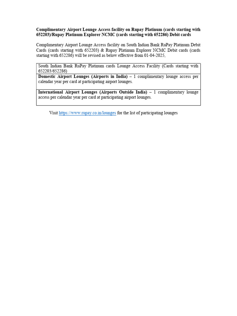 Rupay Platinum Card Lounge Access Update | PDF