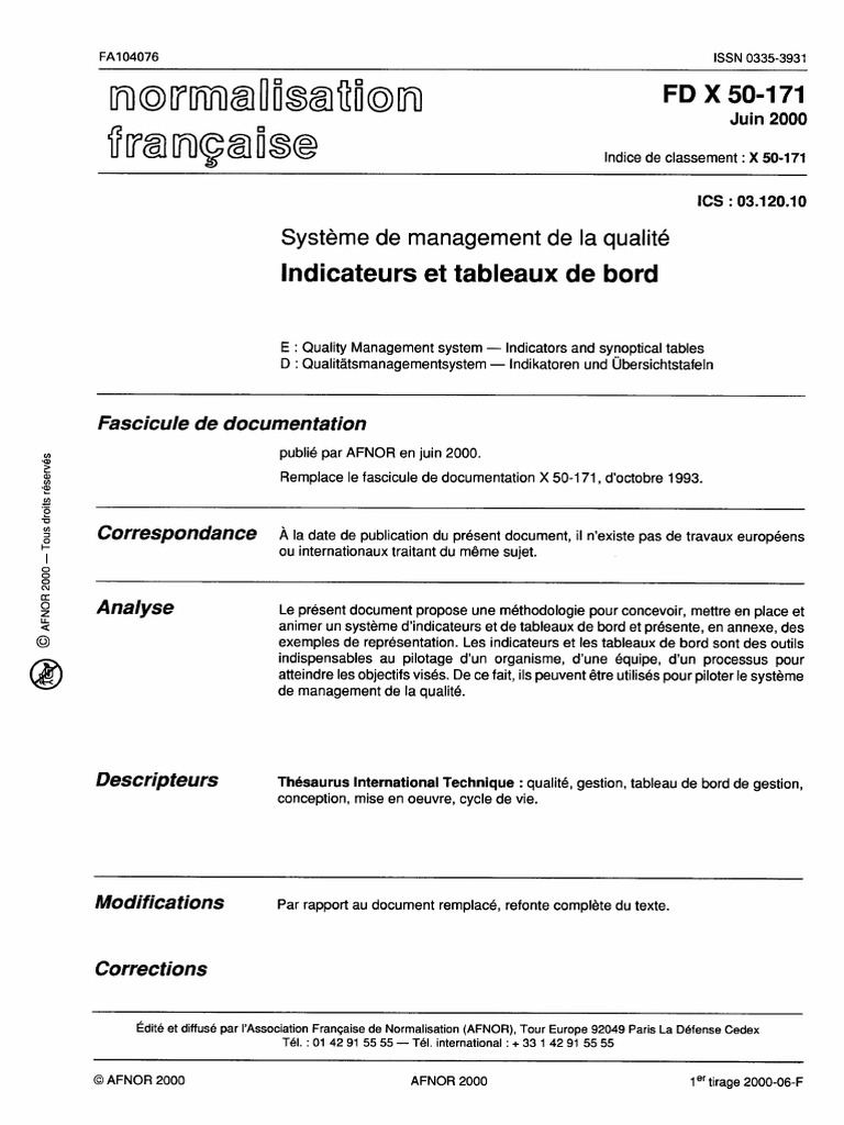 Indicateur Tableau Bord NF P 15-900-1 | PDF