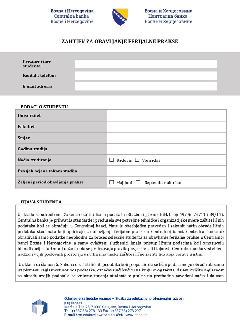 Zahtjev Za Obavljanje Ferijalne Prakse 2023 Bos | PDF