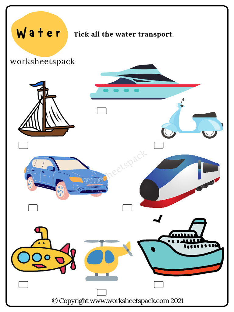 Transportation Activities for Preschool Identify and Tick All the Water ...