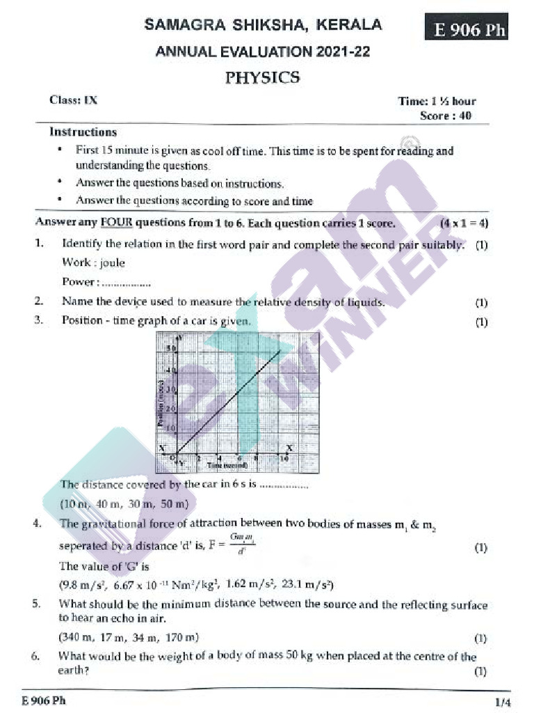 PHYSICS Eng Med Kerala Class 9 Annual Exam 2022 Question Paper | PDF