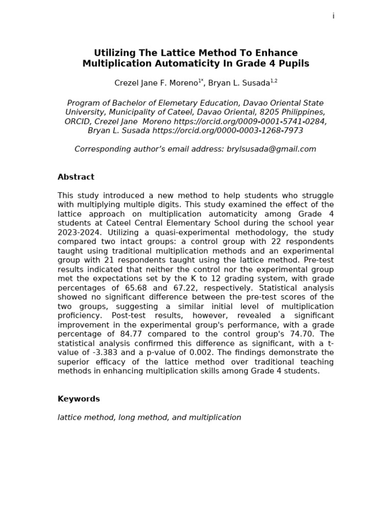 Utilizing The Lattice Method To Enhance Multiplication Automaticity in Grade 4 Pupils Moreno ...