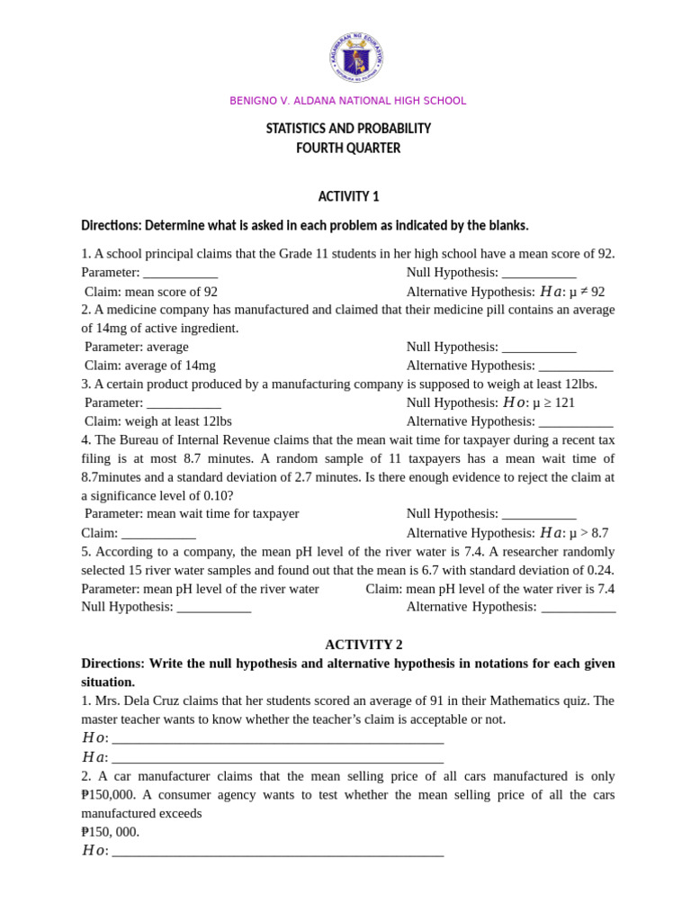 Statistics and Probability Fourth QTR Activity | PDF | Null Hypothesis | Hypothesis