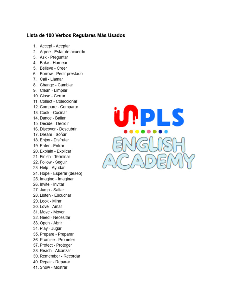100 Verbos Regulares en Inglés y Cómo Aprenderlos | PDF | Tarjeta de ...