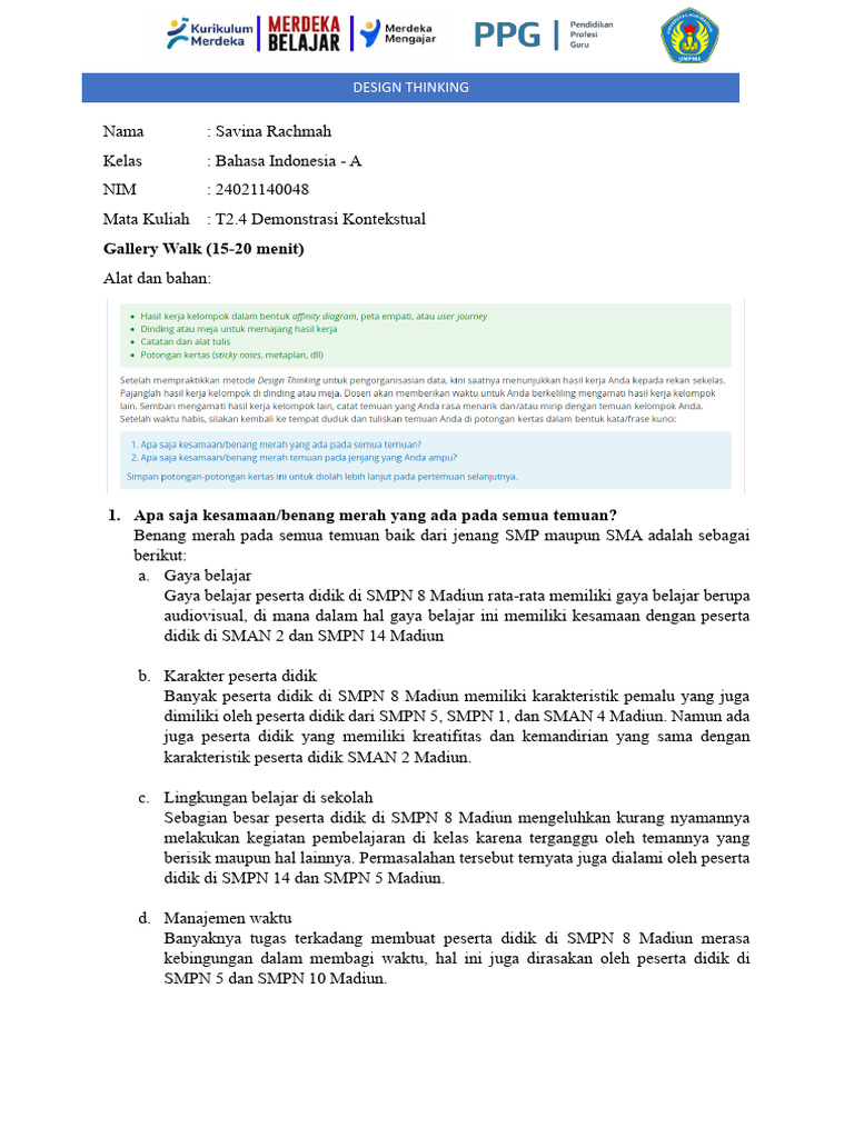 Design Thinking - T2.4 Demonstrasi Kontekstual - Savina Rachmah | PDF