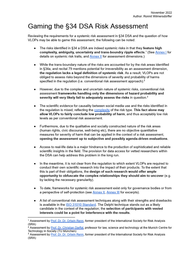 One-Pager_ Systemic Risk in §34 DSA Risk Assessment | PDF | Risk ...
