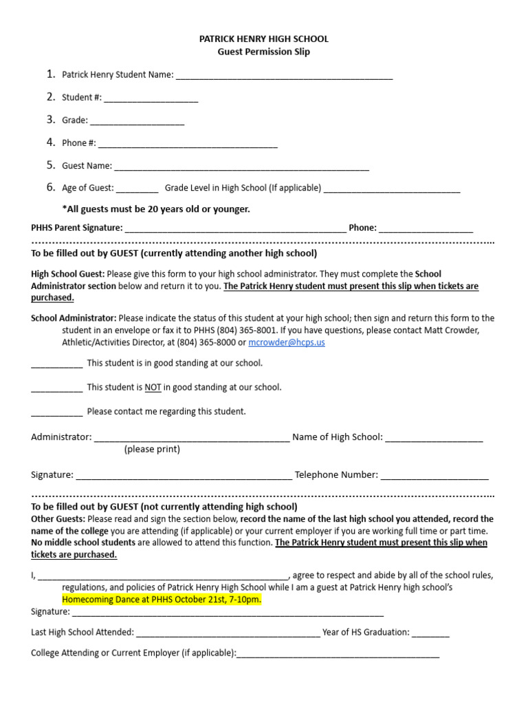 Patrick Henry High School Guest Slip | PDF | Telecommunications