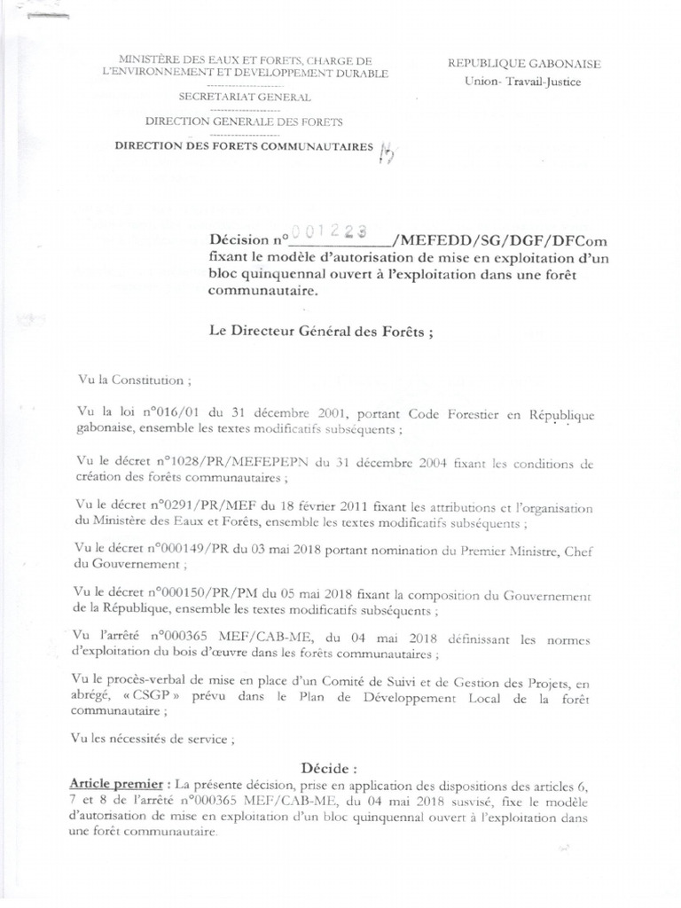 2 - Décision N° 001223 Modèle Autorisation Exploitation Bloc FC | PDF