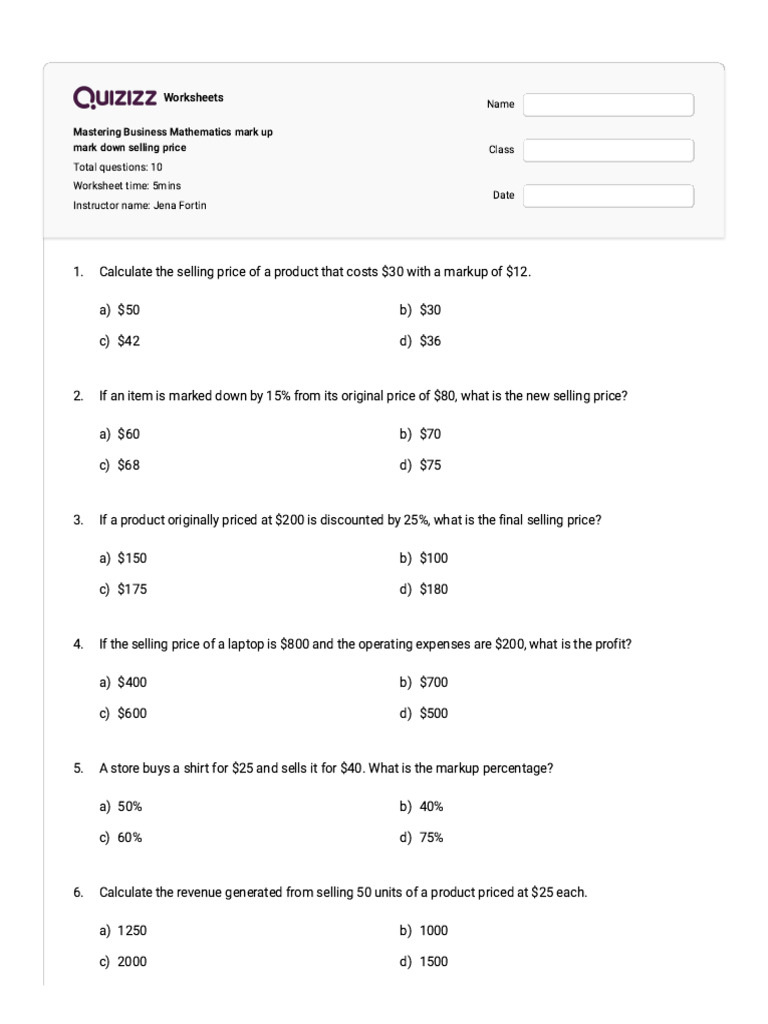 Business Math Worksheets: Markup & Markdown | PDF | Prices | Private Sector