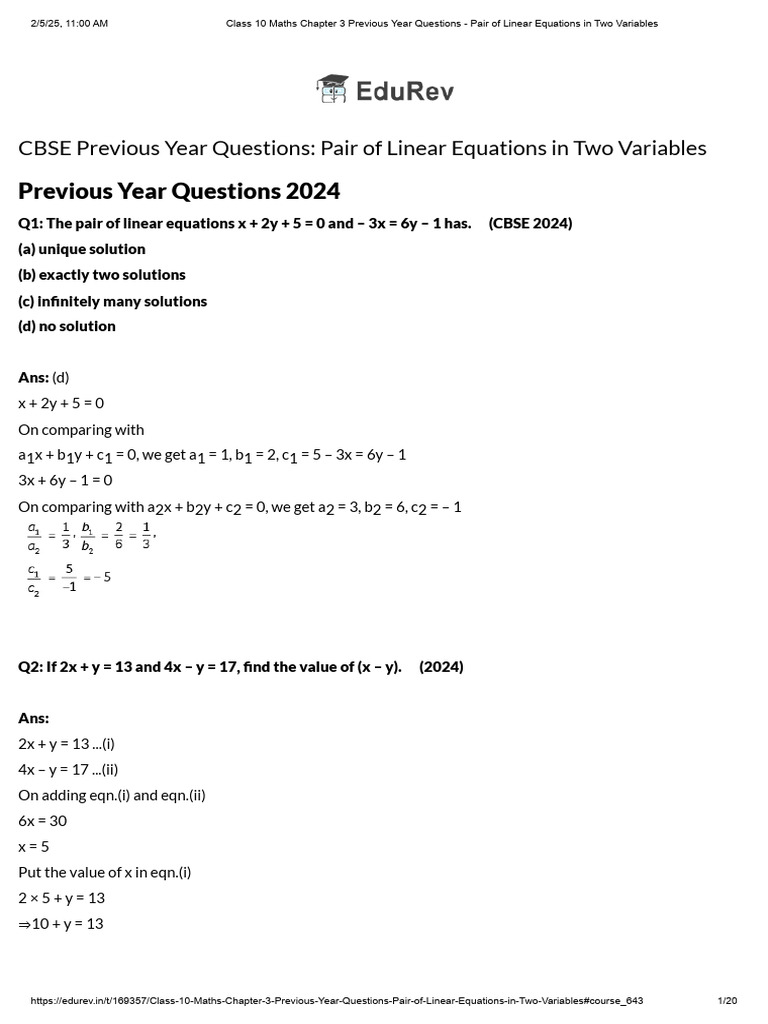Class 10 Maths: Linear Equations Q&A | PDF | Equations | System Of ...