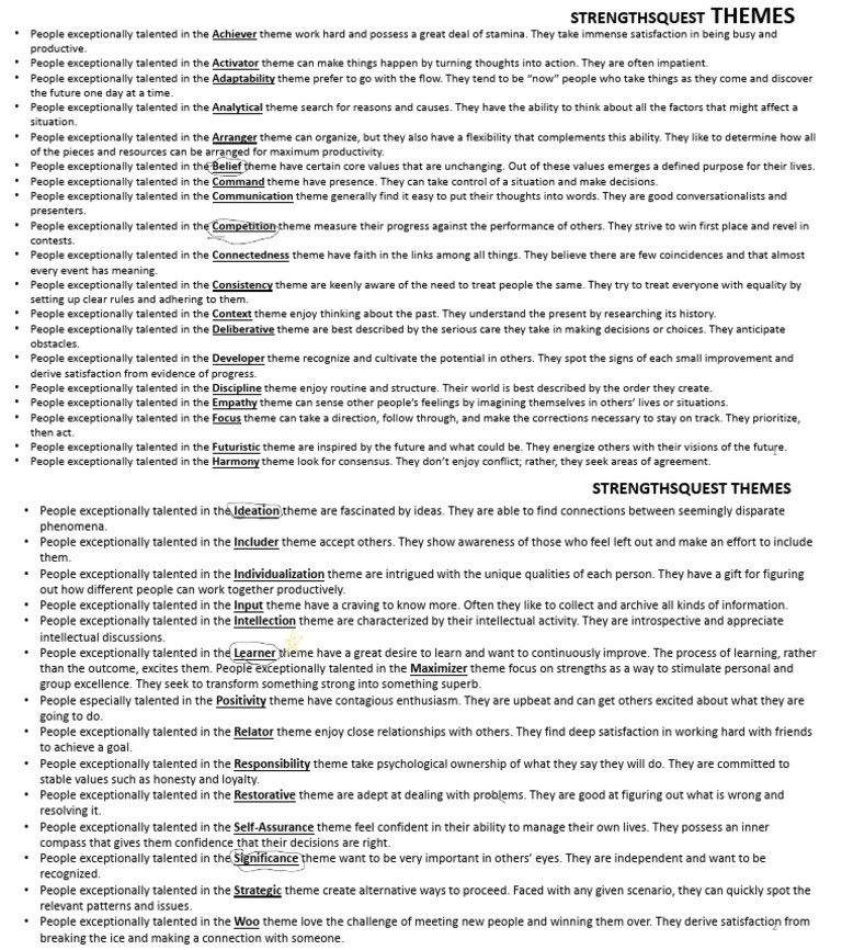 StrengthsQuest Themes Overview | PDF | Thought | Learning
