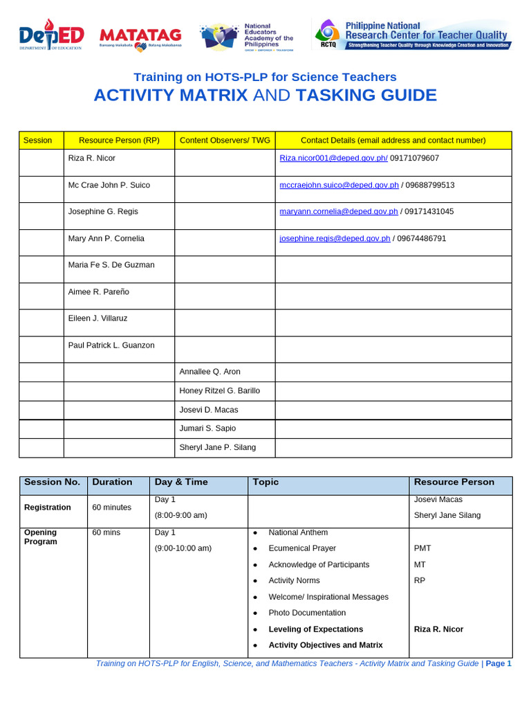 HOTS PLP 2024 Activity Matrix RP Tasking Guide SCIENCE JAN 29 TO FEB 2 | PDF | Education Theory ...