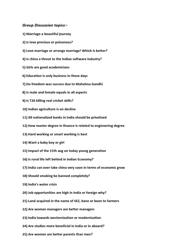Group Discussion Topics | PDF | Chocolate | Woman