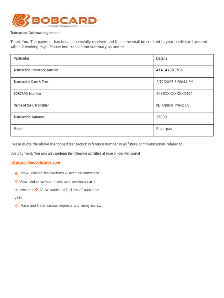 BOB Credit Card Payment Slip | PDF
