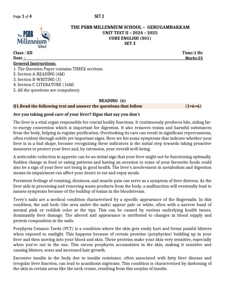 STD 12 Eng Ut2 QP (24-25) Set 2 | PDF | Liver | Medical Specialties