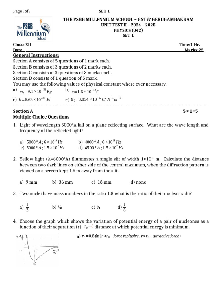 STD 12 Physics Ut2 QP (24-25) Set 1 | PDF | Diffraction | Wavelength