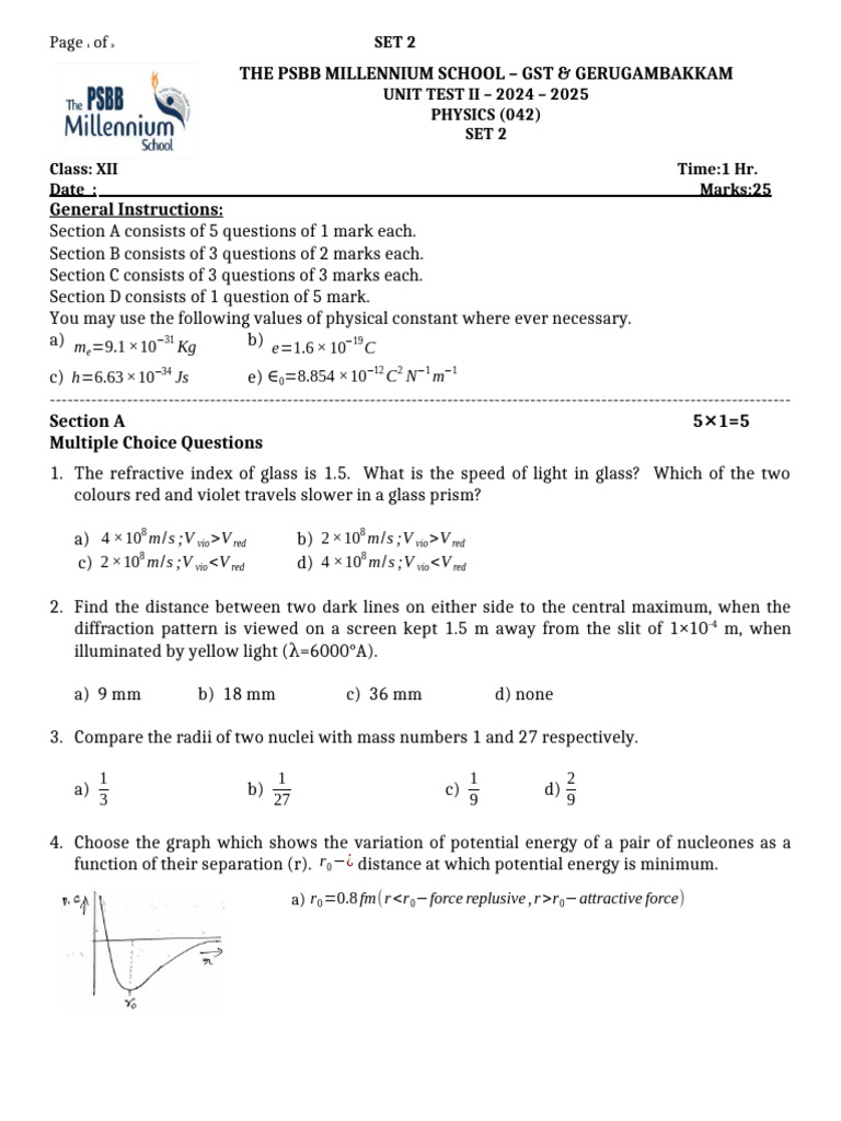 STD 12 Physics Ut2 QP (24-25) Set 2 | PDF | Wavelength | Light
