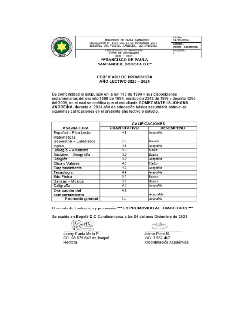 Certificado Estudio Inem Johana Mateus | PDF