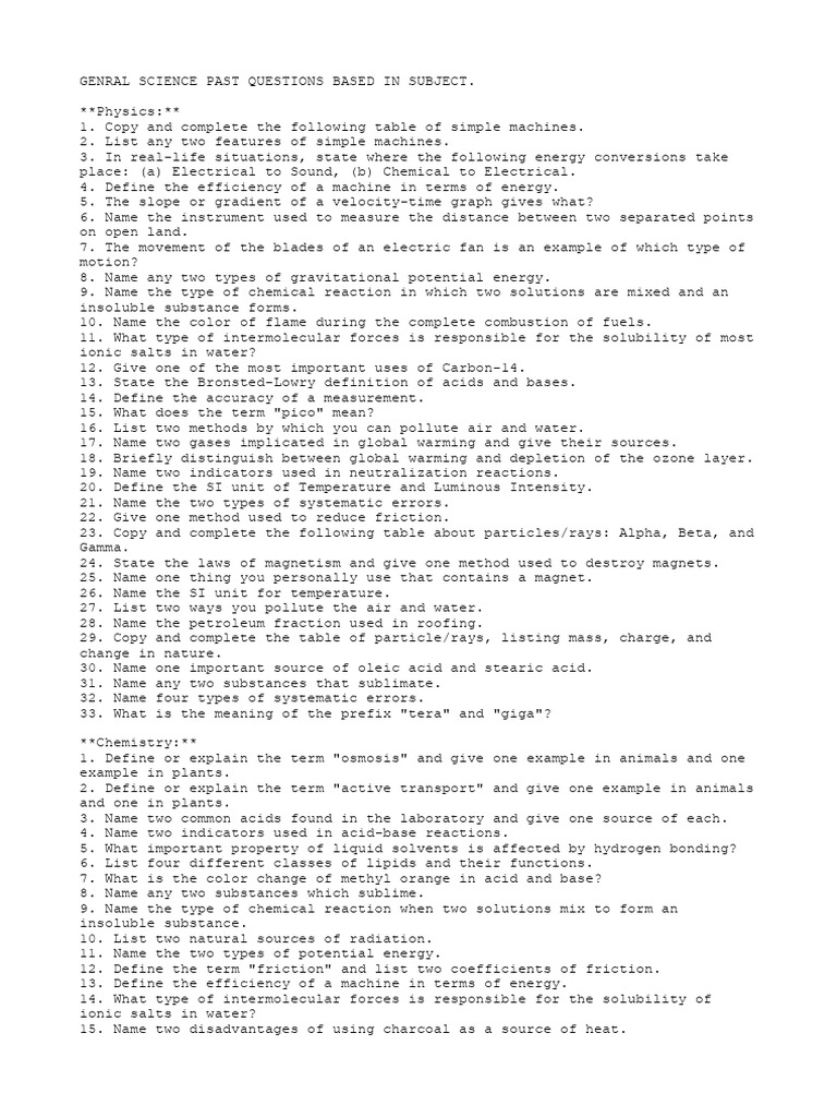 Genral Science Past Questions Based On Subject | PDF | Solubility ...