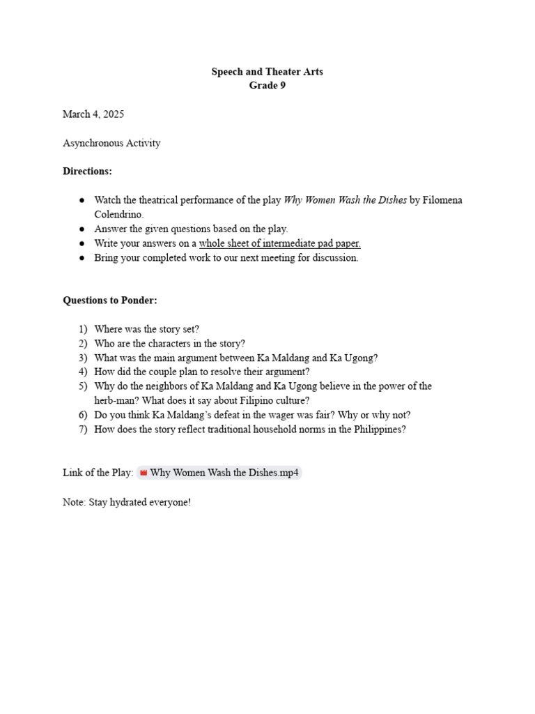 Speech and Theater Arts Asynchronous Activity | PDF