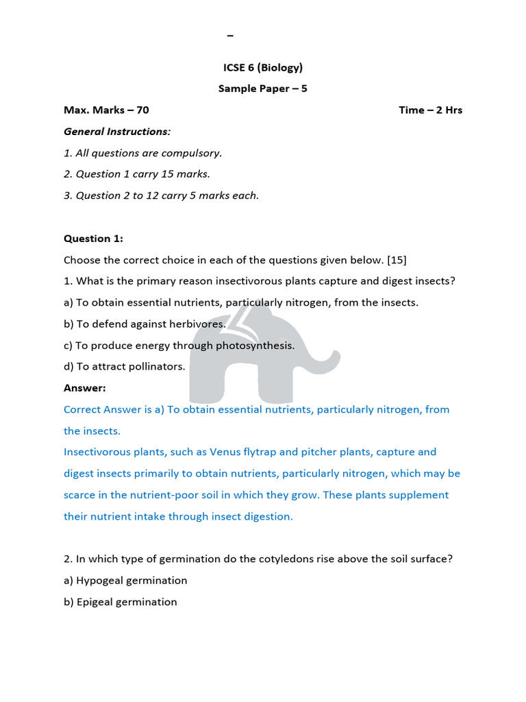 Class 6 ICSE Biology Sample Paper 5 | PDF | Common Cold | Leaf