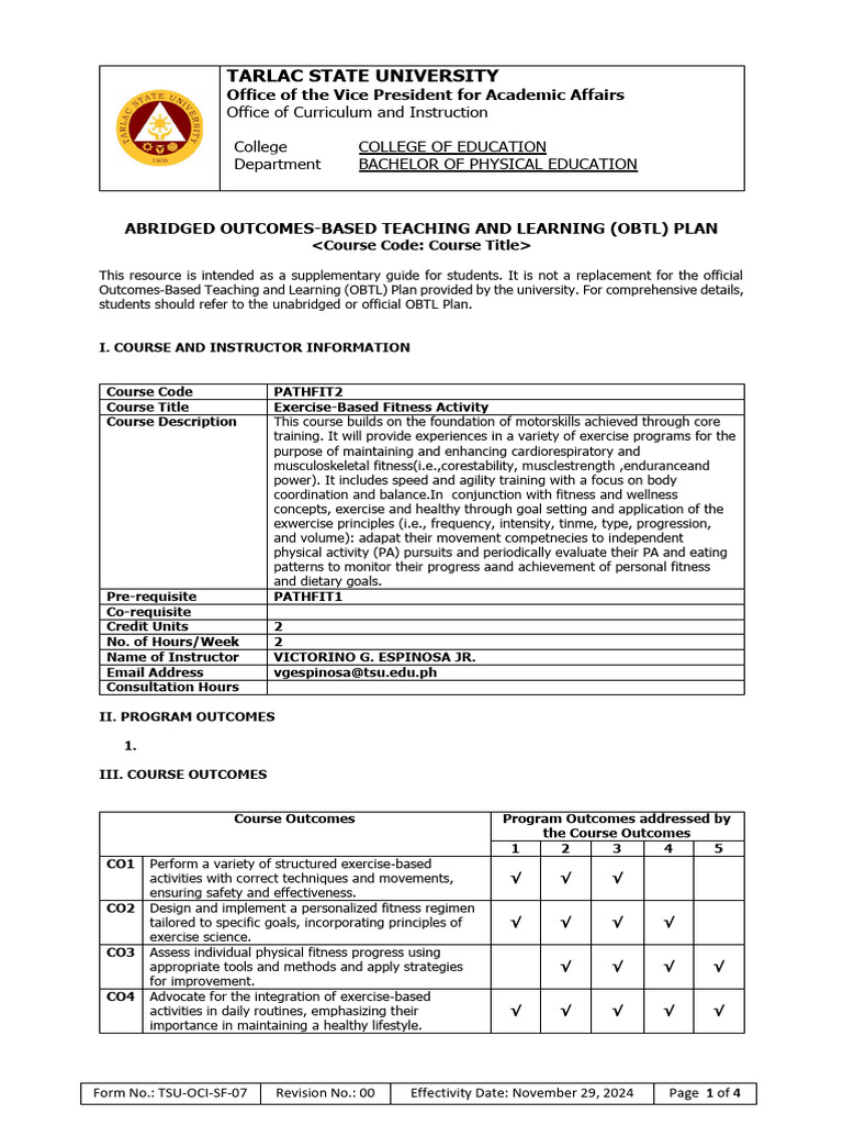 Pathfit 2 Syllabus Abriged | PDF | Physical Fitness | Goal Setting