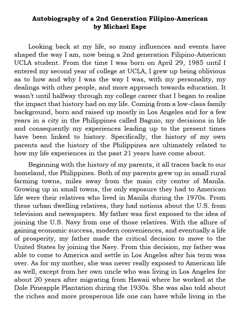 Autobiography of A 2nd Generation Filipino | PDF | Filipino Americans ...