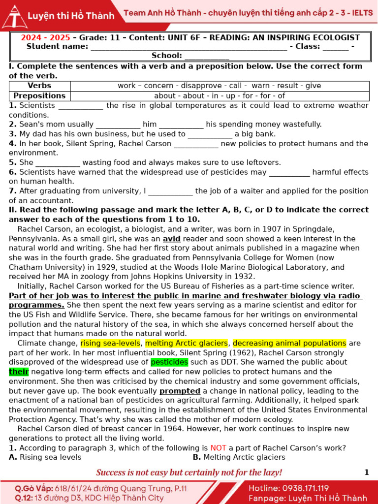 (G11 - Unit 6F) Reading - An Inspiring Ecologist - Final | PDF ...