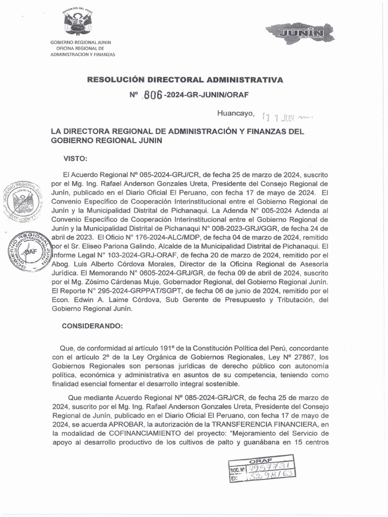 Resoluci N Directoral Administrativa N 806-2024-Gr-junin-Oraf | PDF | Gobierno local | Gobierno