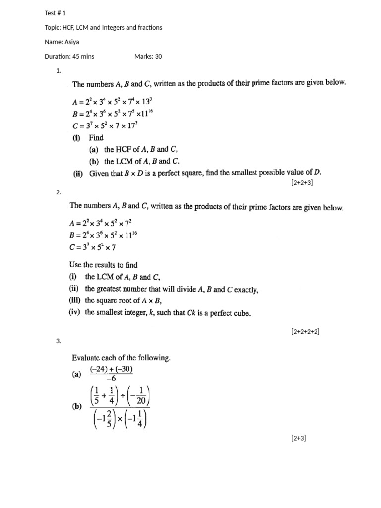 Test #1 HCF LCM and Integers and Fractions | PDF