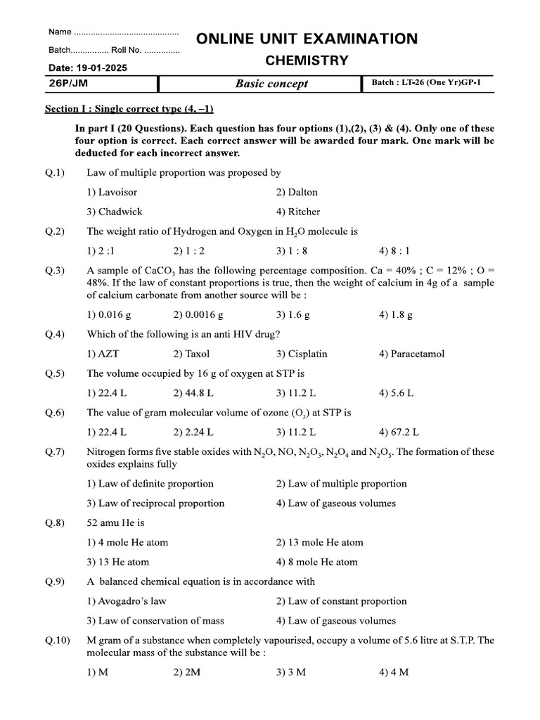 Jee Main (Some Basic Concept) 19-01-2025 (Lt26 One Yr) | PDF