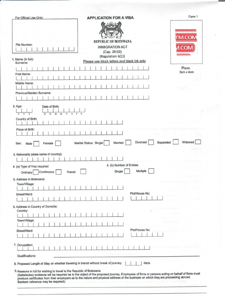 Visa Application Forms Botswana | PDF