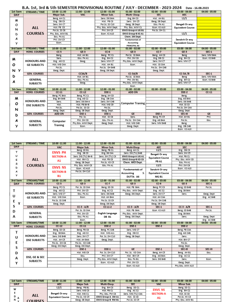 1,3,5 Semester Provisional Class Routine 2023-24 Date - 26.08.2023 | PDF