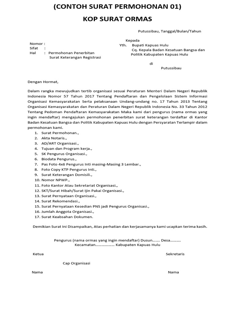 Contoh Surat Permohonan Pengajuan Terdaftar Ormas | PDF