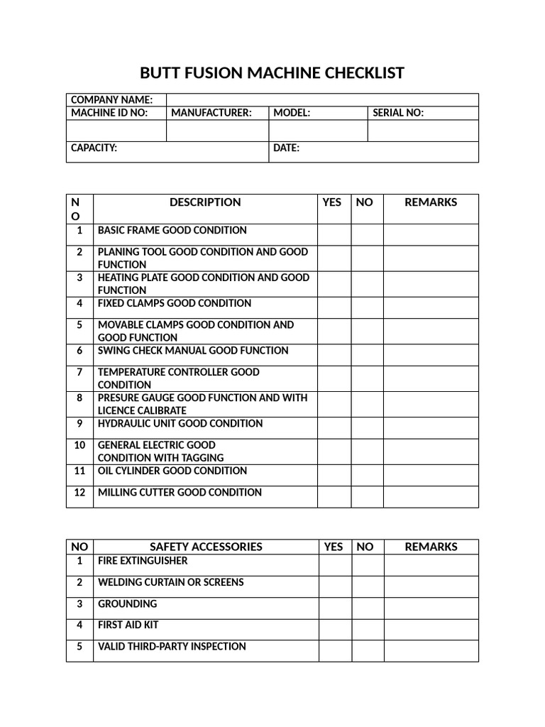 Butt Fusion Machine Checklist | PDF