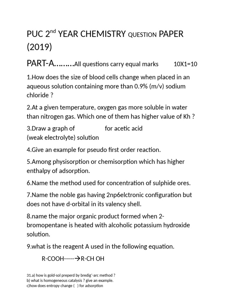 PUC 2nd YEAR (2019) CHEMISTRY QUESTION PAPER | PDF | Chemical Reactions ...