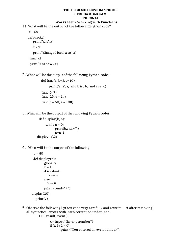 Working With Functions - Worksheet 1 | PDF | Parameter (Computer Programming) | Computer Programming