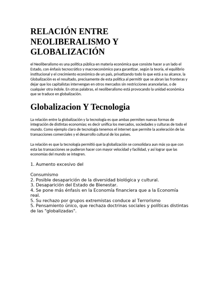 Relación Entre Neoliberalismo y Globalización | PDF