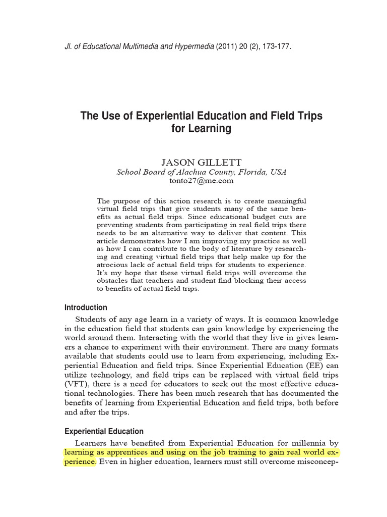 2011 the Use of Experiential Education and Field Trips for Learning ...
