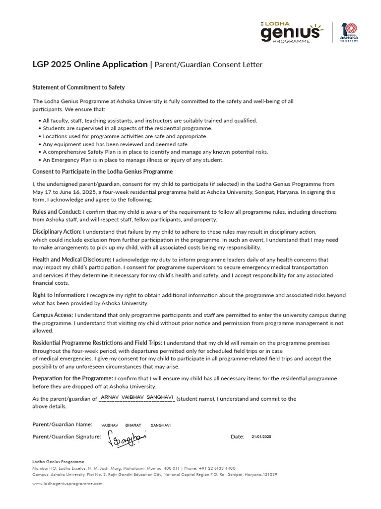 Arnav's Consent Letter Lodha | PDF