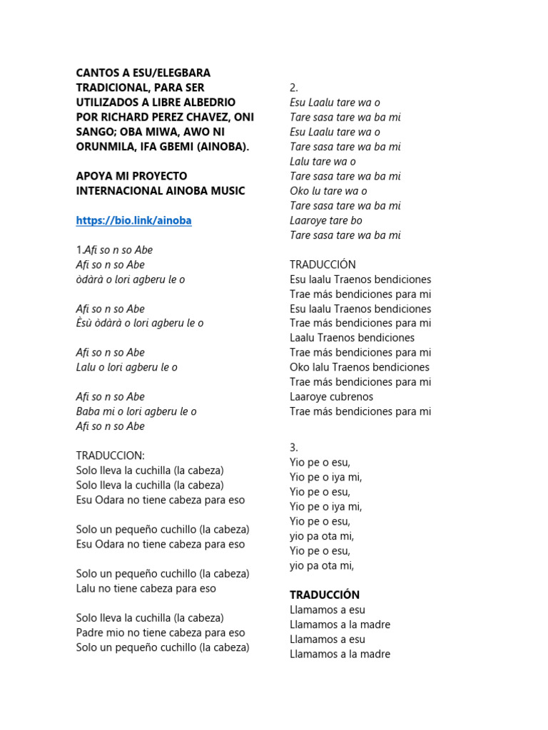 Cantos A Esu-Elegbara Tradicional Por Ainoba Ifa Gbemi | PDF