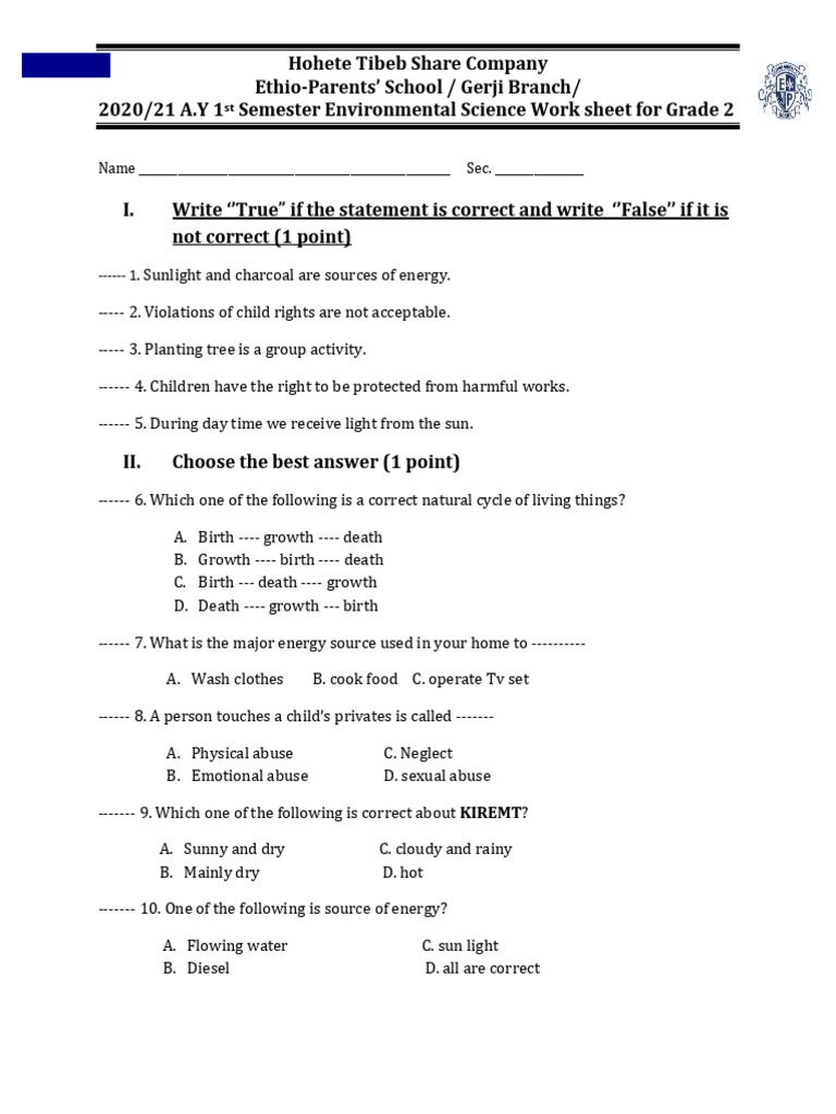 Env-Science Grade 2 Worksheet | PDF | Pupa | Insects