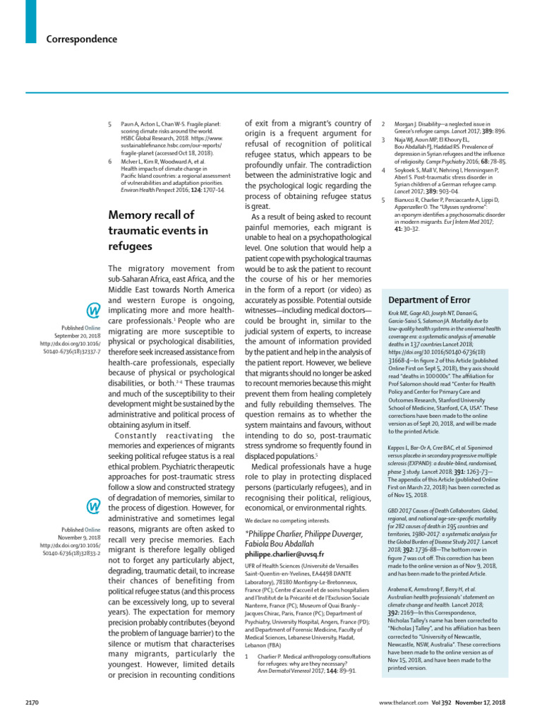 Memory Recall of Traumatic Events in Refugees Lanc | PDF ...