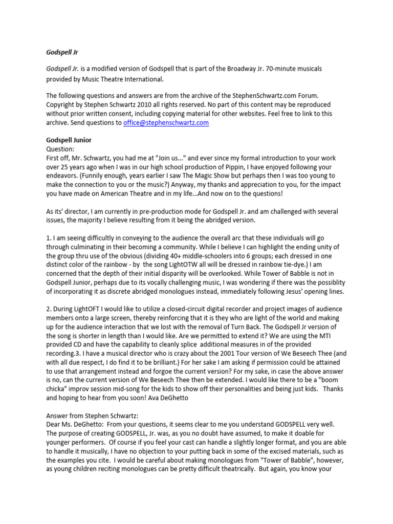 Godspell Jr Stephen Schwartz Compress | PDF