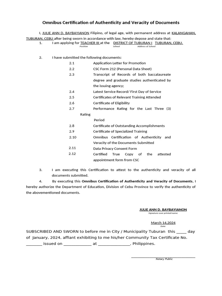 Omnibus Certification of Authenticity and Veracity of Documents | PDF | Authentication ...