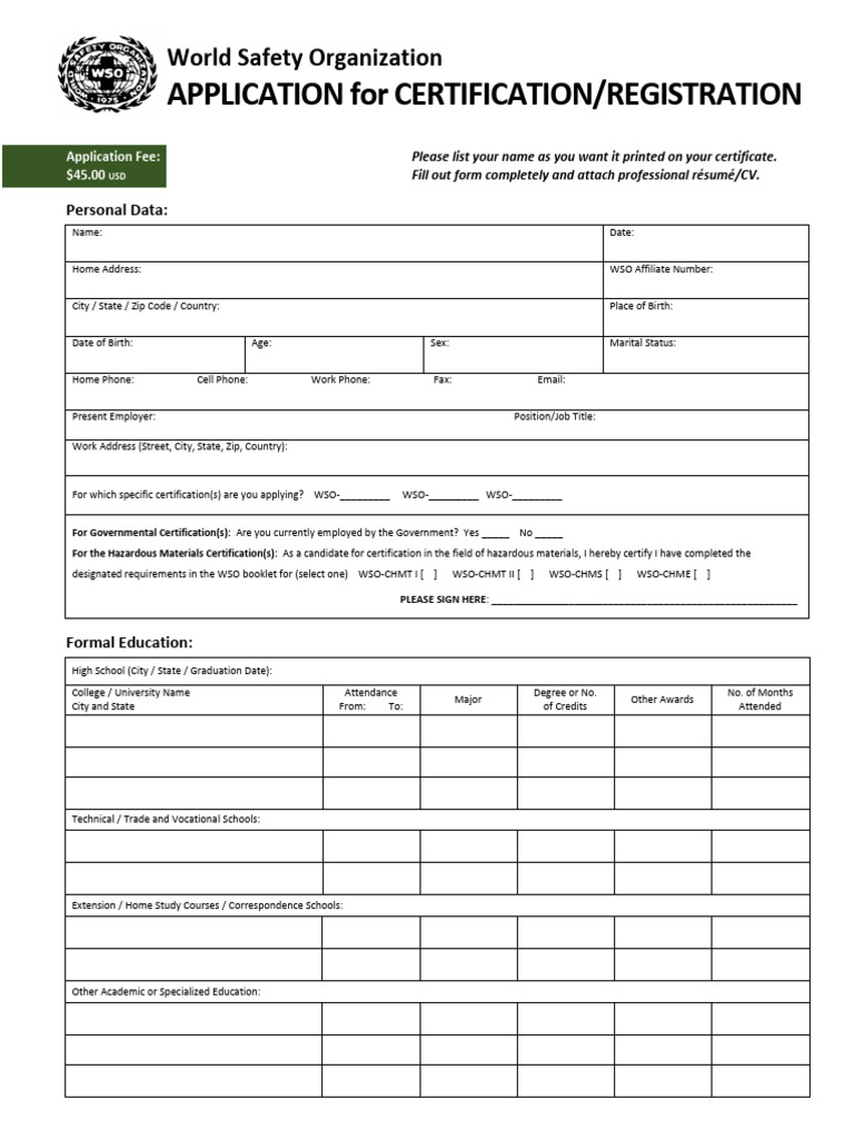 WSO Certification Application Form | PDF | Discrimination ...